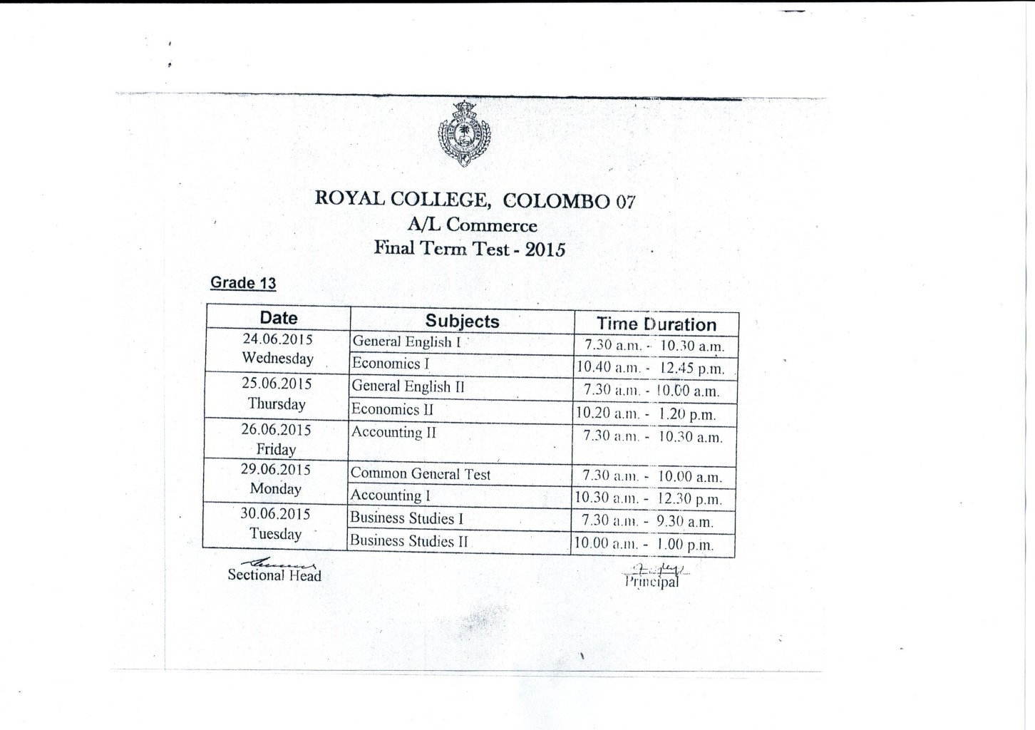 TIME TABLE – A/L COMMERCE SECTION – Final Term Test 2015 - The Royal ...